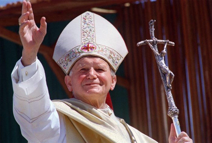 Pope John Paul II waves miter cross - Crossroads Initiative