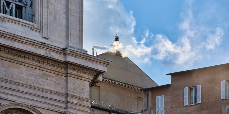 White smoke papal conclave 2025 1200 x 600 banner - Crossroads Initiative